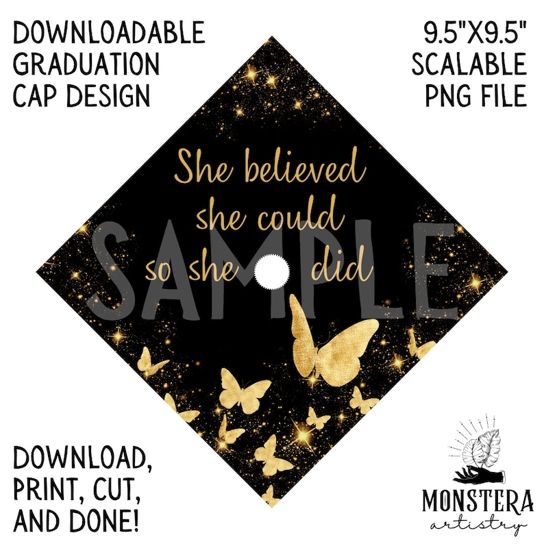 Gold Glitter Butterfly Believe Graduation Cap Topper | Printable ...