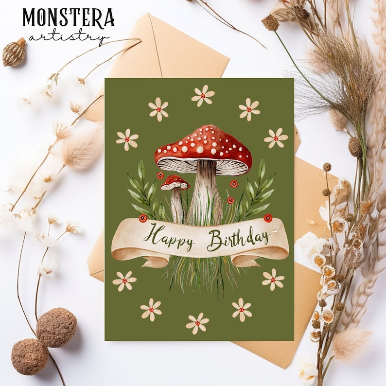 Mushroom Nature Themed Birthday Card - Digital Download, Printable, 5x7 ...