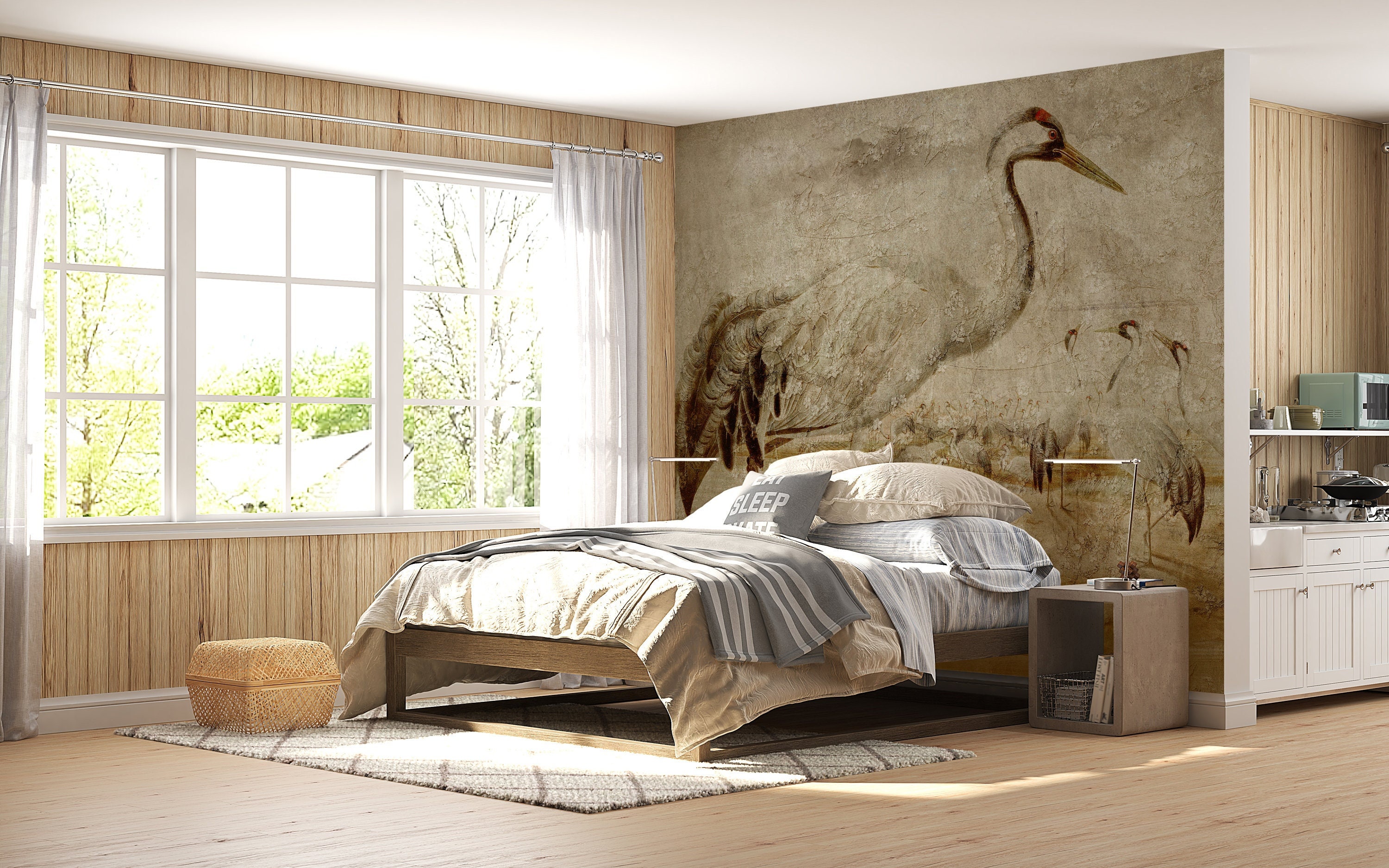 Vintage Crane Birds Wallpaper Mural: Asian Heron Wall Art Peel and ...