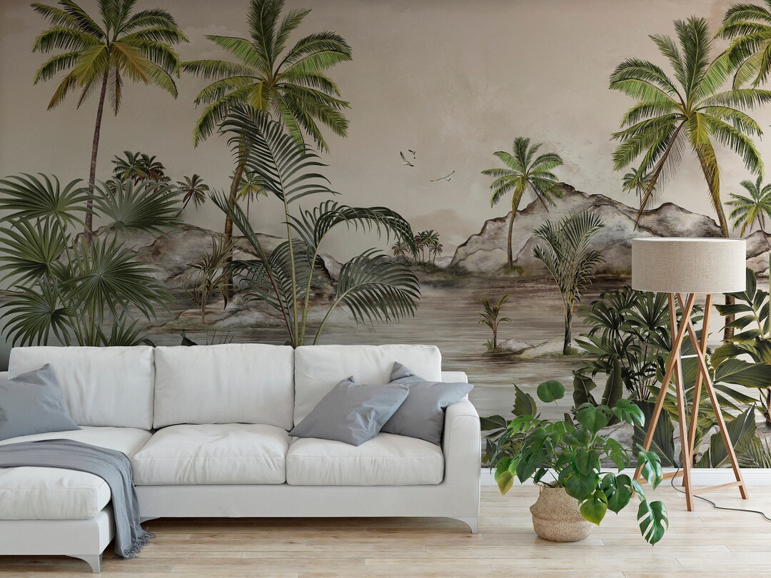 Tropical Island Wall Mural, Jungle Landscape Palm Tree Wallpaper, Peel ...