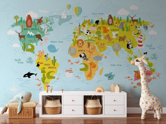 Kids World Map Wallpaper Learning Animals Continents Peel | Etsy