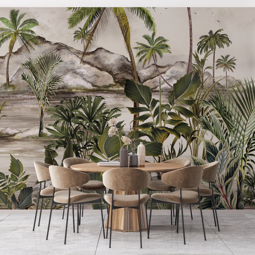 Tropical Island Wall Mural, Jungle Landscape Palm Tree Wallpaper, Peel ...