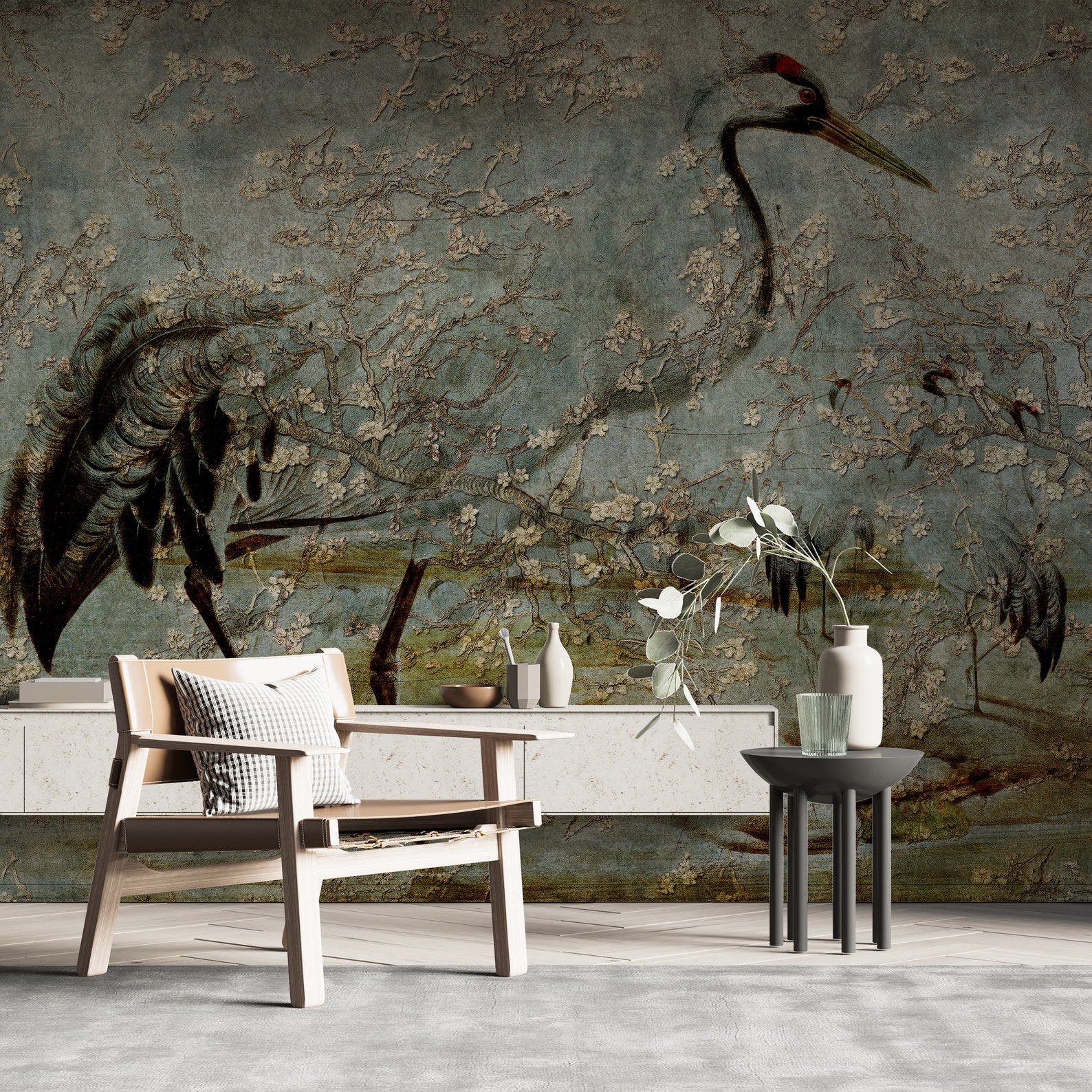 Crane Birds Wallpaper Chinese Bird Wall Mural Heron Asian - Etsy