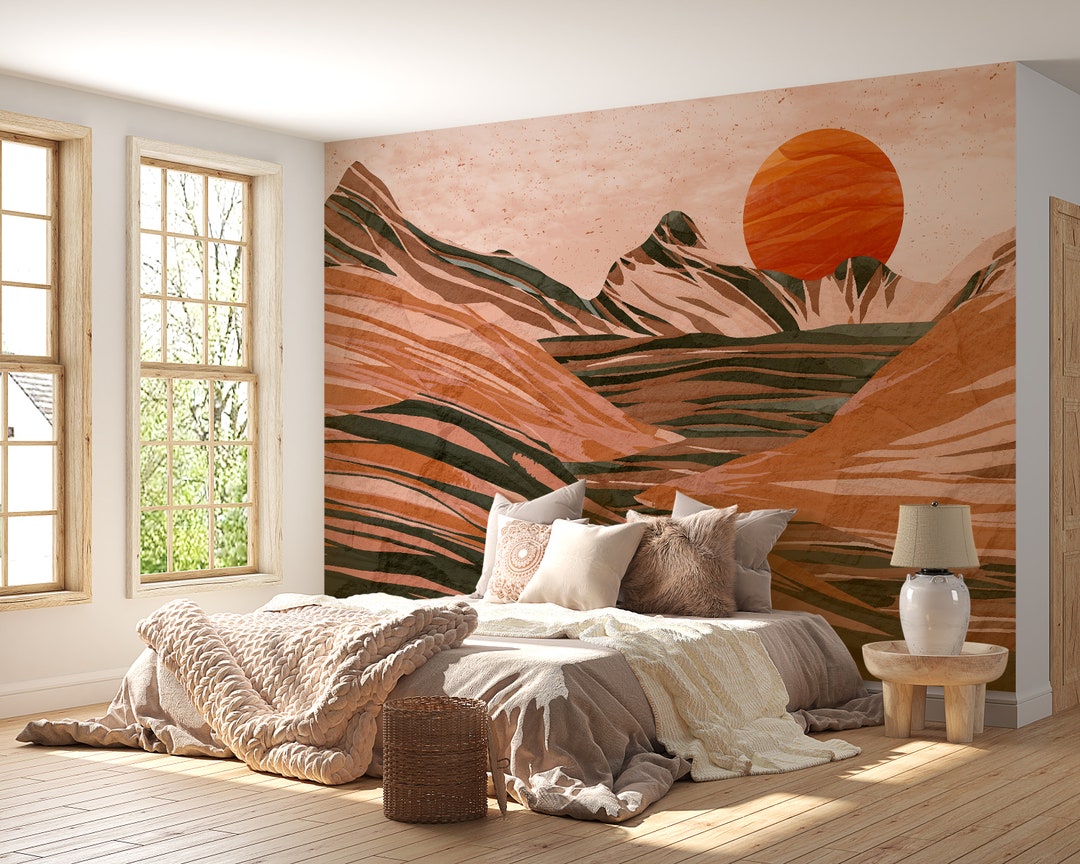 Boho Style Sun and Mountain Wallpaper, Removable Sunset Mural, Boho ...