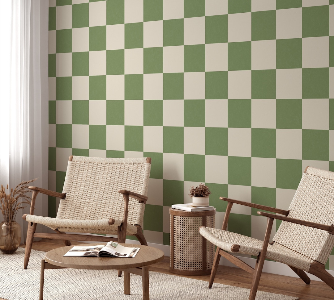Large Checkered Green Wallpaper, Sage Green Self Adhesive Wallpaper ...