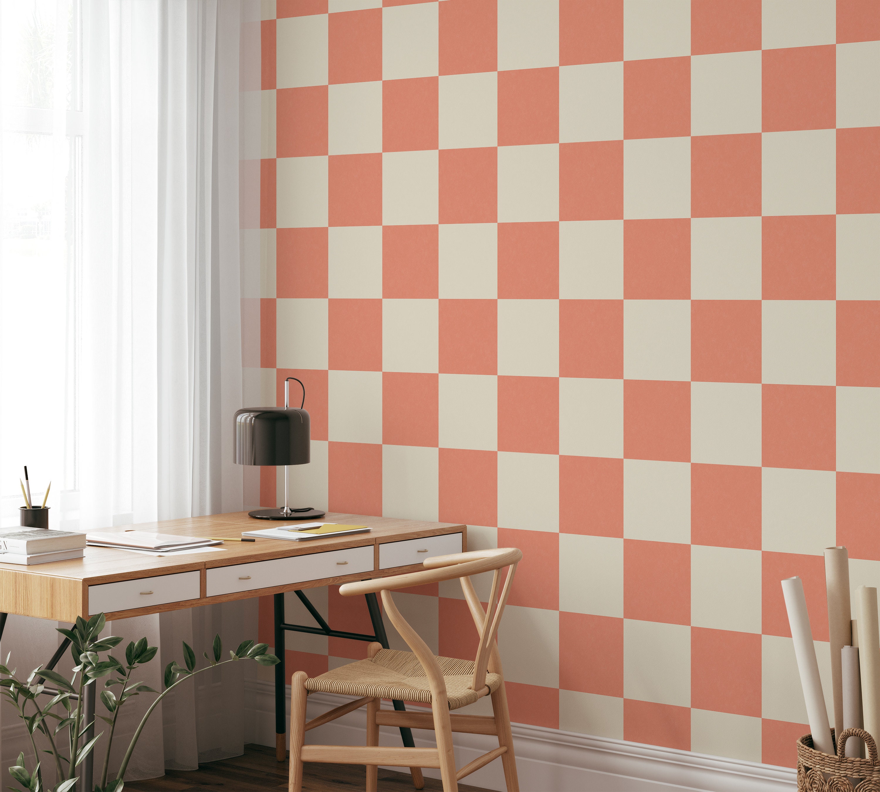 Large Checkered Wallpaper, Pastel Pink Self Adhesive Wallpaper ...