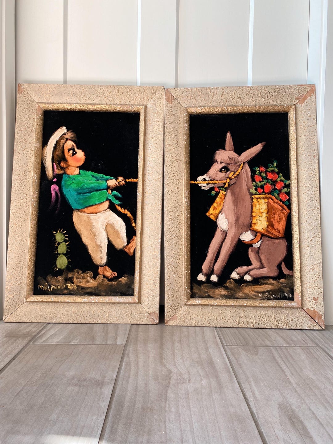 Vintage Framed Mid Century Donkey Art Pair Velvet Wooden Framed - Etsy