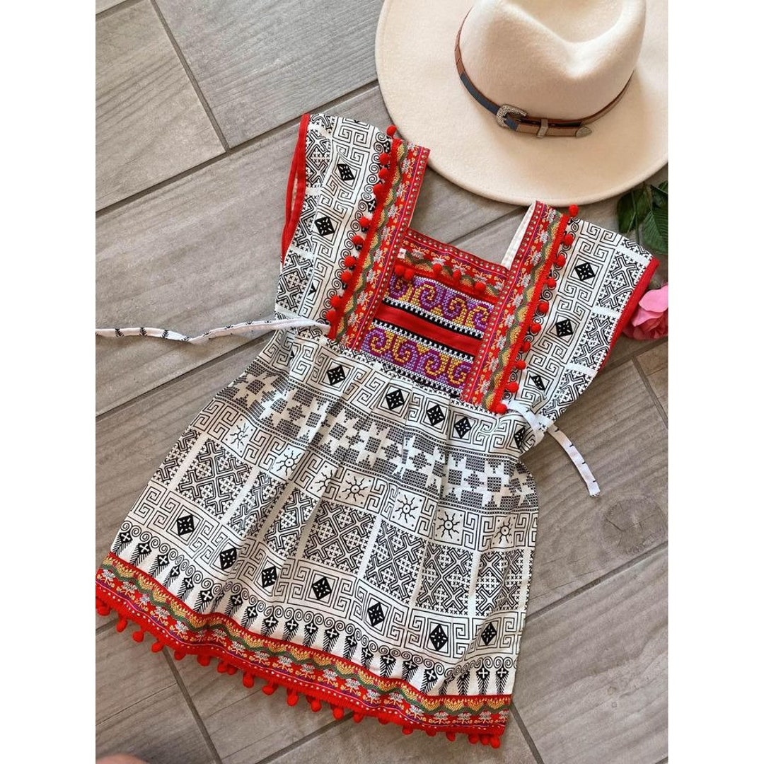 Traditional Handmade Girls Hmong Style Dress Size 4 Tassel Pom Pom Trim ...