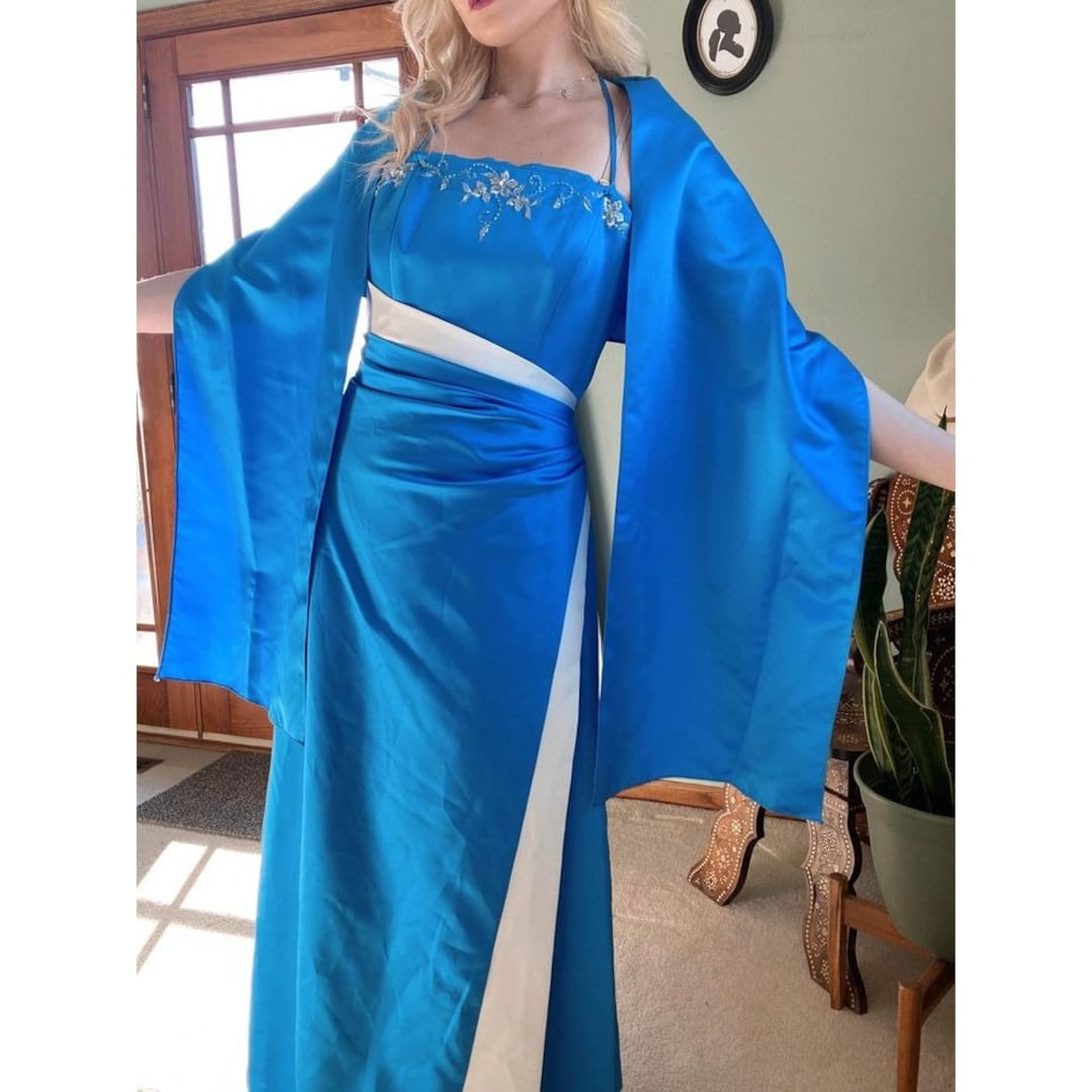 Vintage Y2k Beaded Prom Dress With Matching Shawl Bright Aqua Formal ...