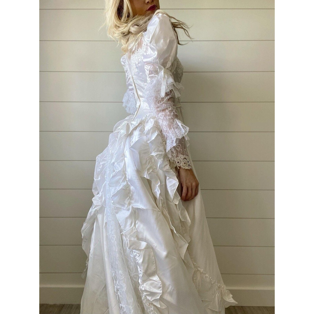 1980s Satin Ruffled Statement Wedding Gown With Massive Train Lace ...