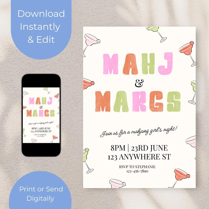 Mahj & Margs Invitation: Mahjong Party Invite Canva Template (digital ...