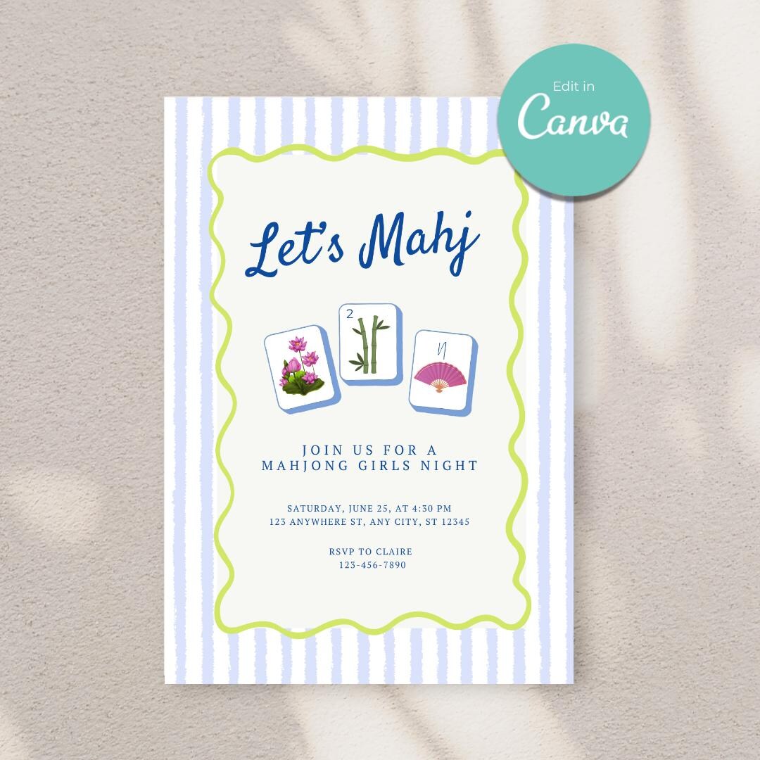 Mahjong Party Invite: Blue Stripe Watercolor, Editable Canva Invitation ...