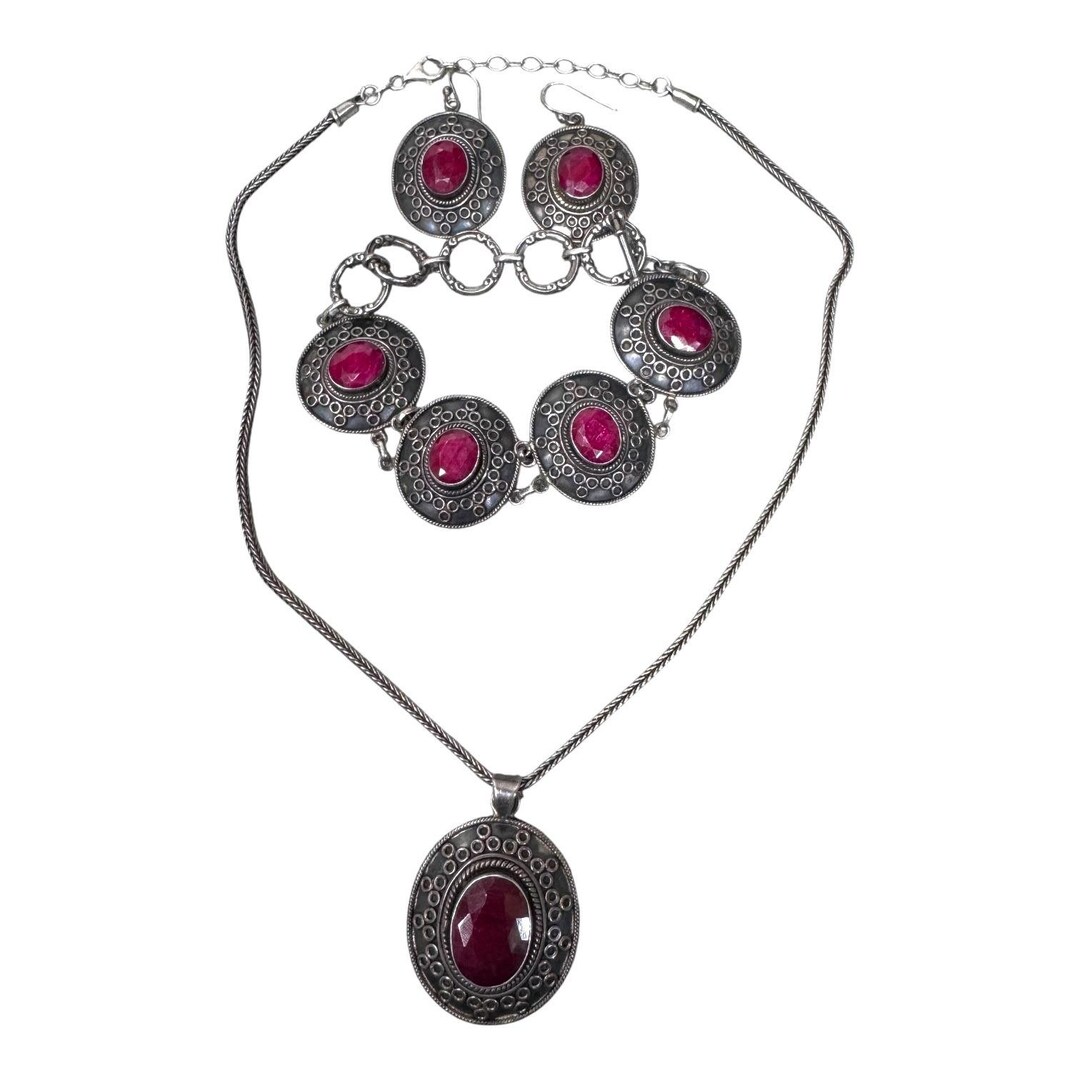 Samuel Benham BJC Sterling Silver Ruby Red Jewelry Set Necklace ...