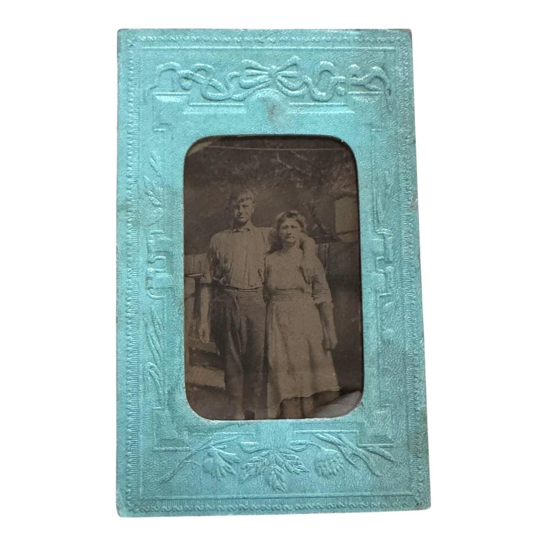 Antique Photo Embossed Blue Tintype Frame Vtg Portrait Boy Girl ...