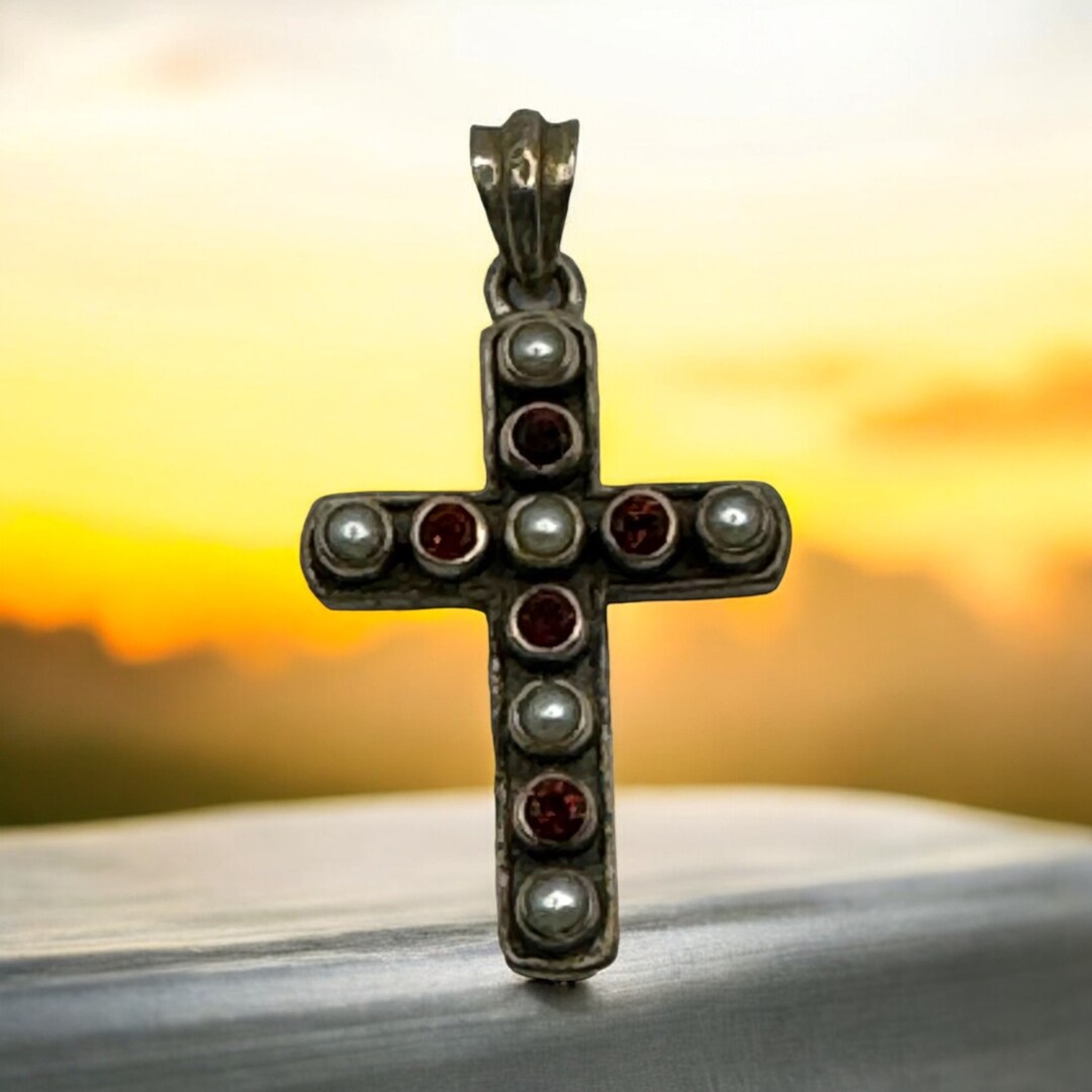 Sterling Silver Nicky Butler Cross Pendant Garnet and Pearl Made in ...