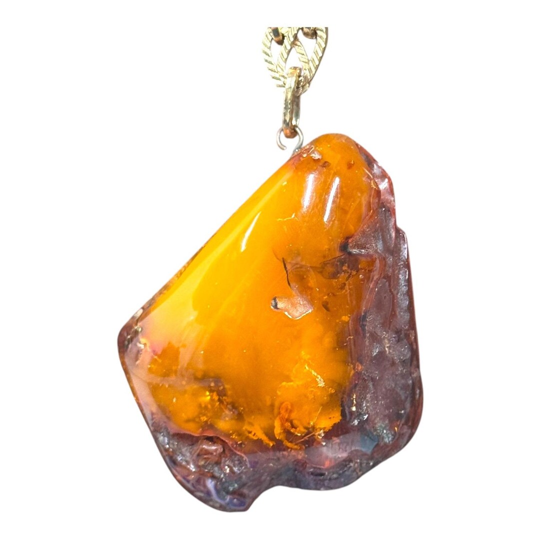 Vintage Amber Chunk Natural Real Pendant Necklace Gold Tone Chain Women ...
