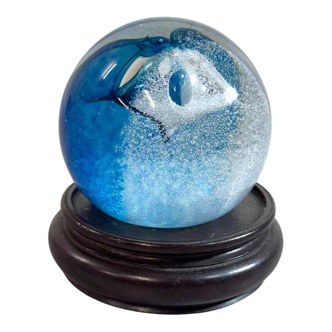 Caithness Splashdown Blue Glass Paperweight Wood Base Galaxy Swirl ...