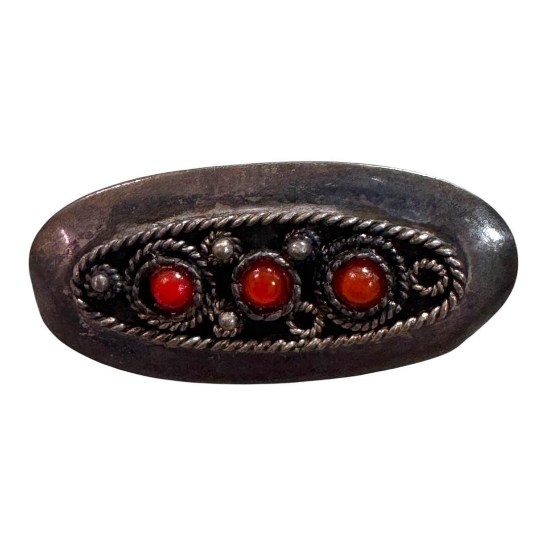 Vintage Silver Brooch Pin Ornate Red Coral Cabochons & Filigree ...