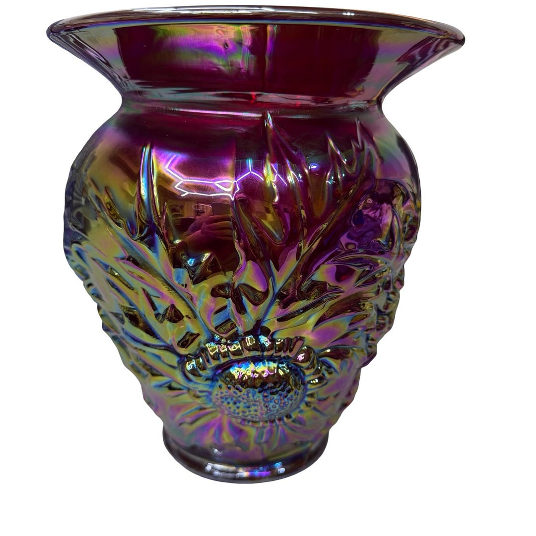 1993 Fenton Alpine Thistle Red Carnival Glass Family Signature Vase ...