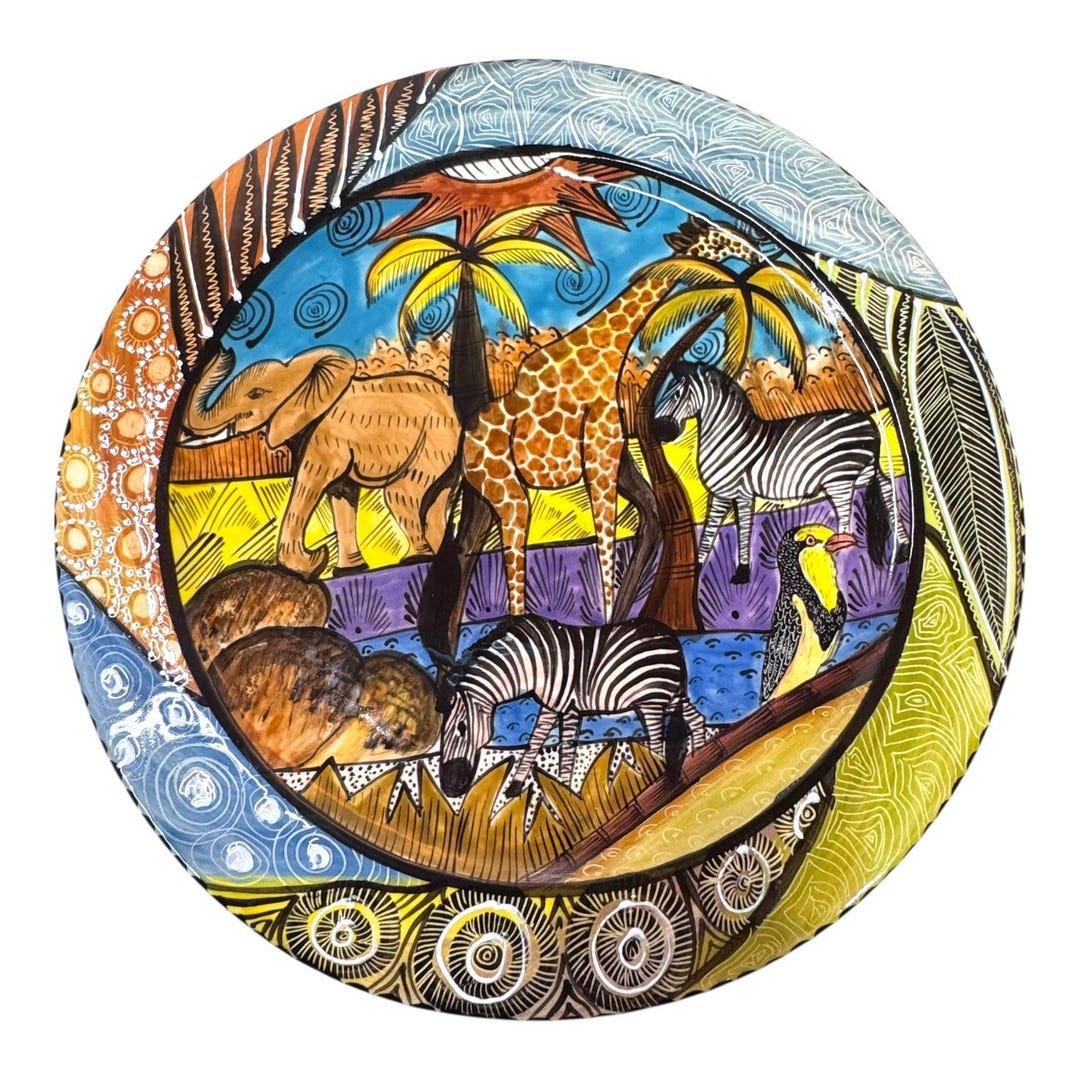Penzo Zimbabwe African Safari Artisan Plate 9” Elephant Zebra Giraffe ...