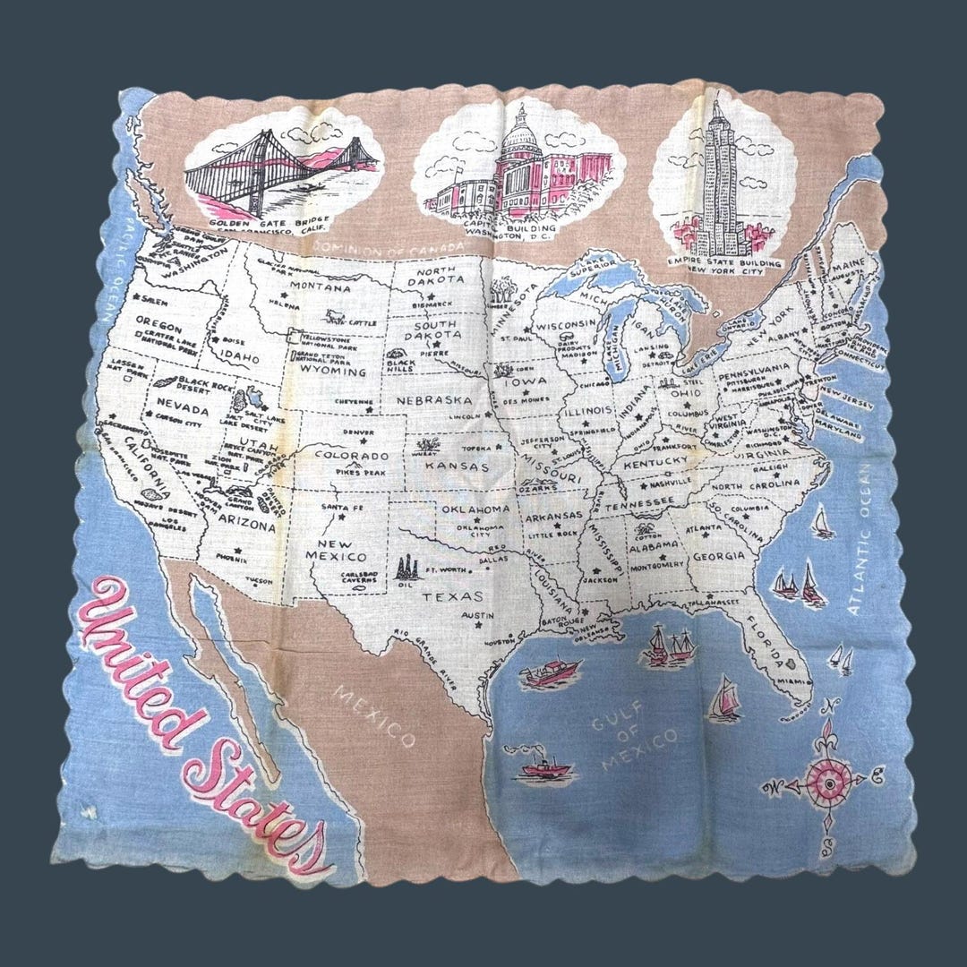 Vintage United States Map Linen Handkerchief Hankie Landmarks Golden ...