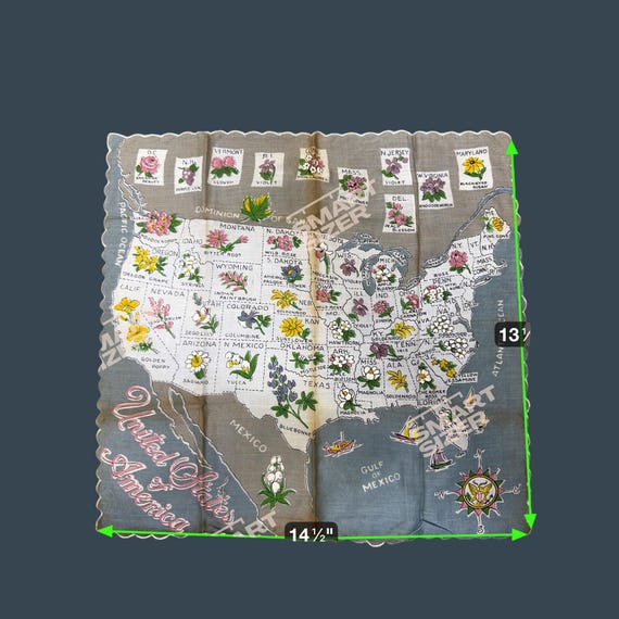 Vintage United States Map Handkerchief Floral State F… - Gem