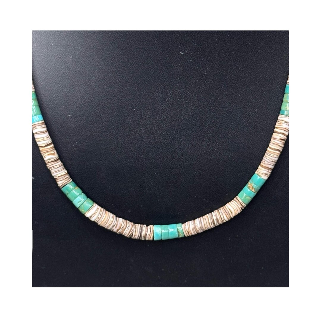 Vintage Turquoise Heishi Shell Beaded Necklace Sterling Clasp 19" Santa ...