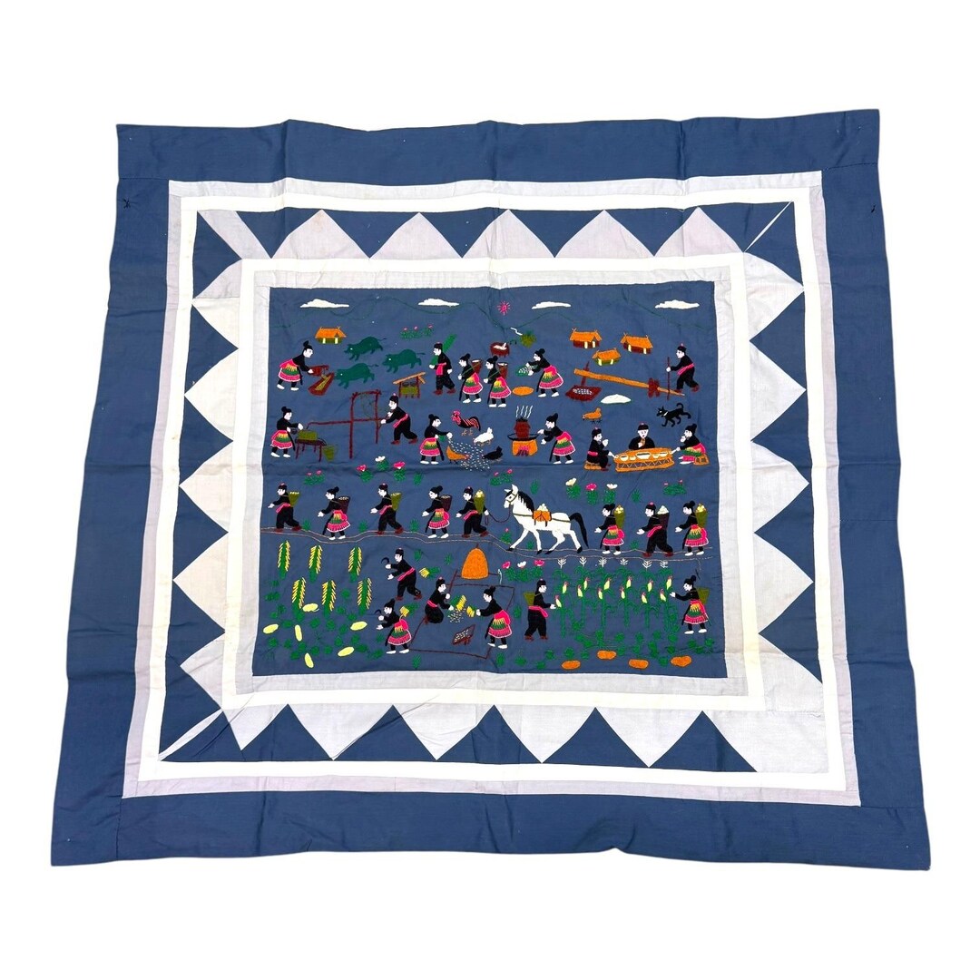 39"x 35" Hand Embroidered Quilt Hmong Story Cloth Village Farm Life ...