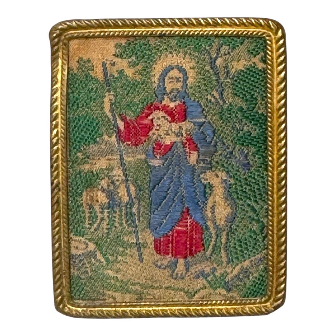 Vintage Religious Jesus Good Shepherd Embroidered Tapestry Brooch Pin ...