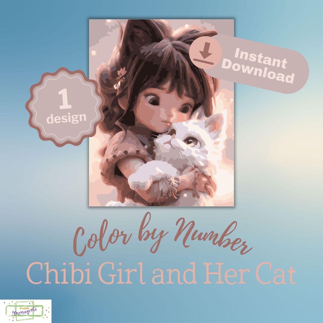 Color by Number – Chibi Girl and Her Cat – Single Illustration ...
