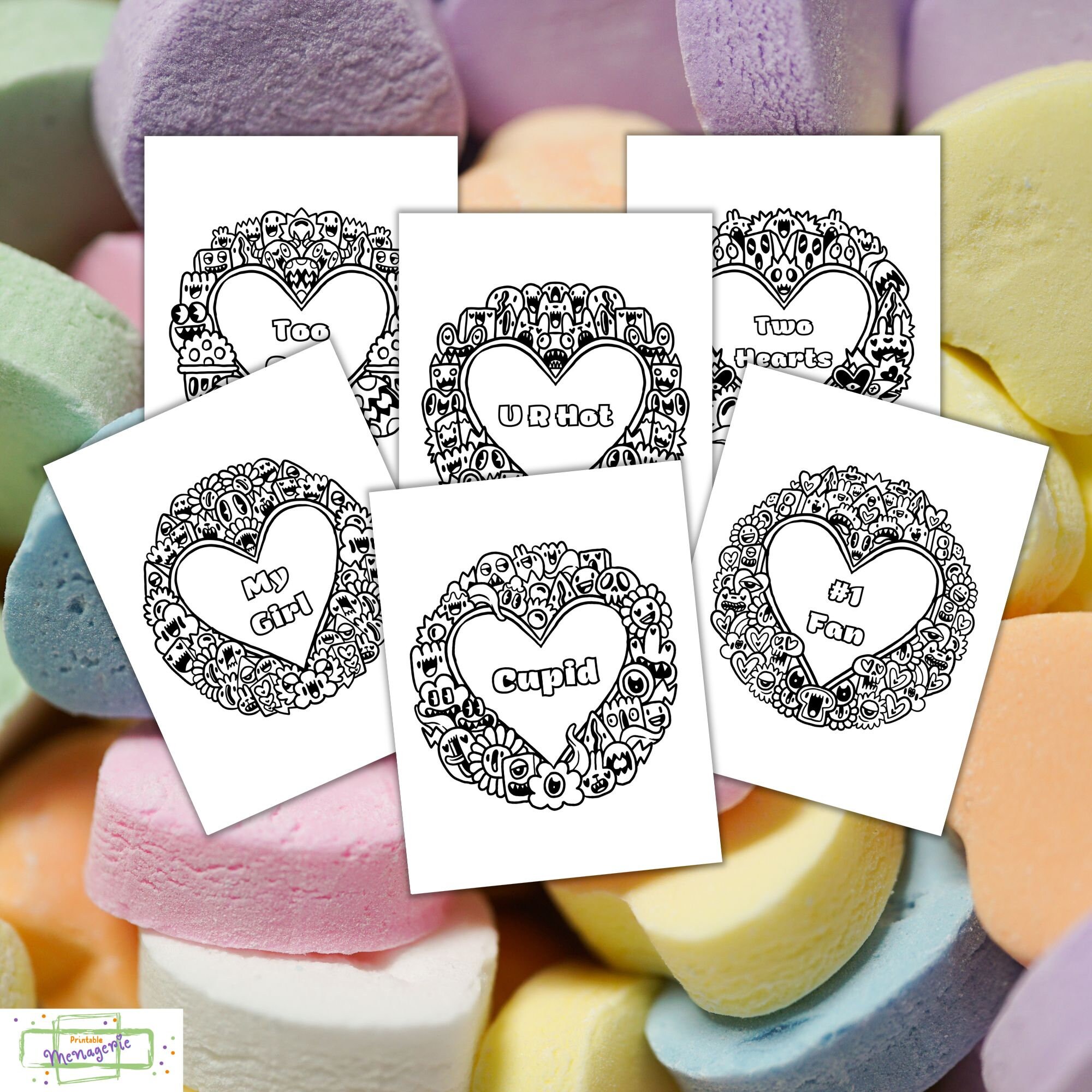 Candy Heart Valentine Doodles Coloring Pages Bundle for Adults - 55 ...