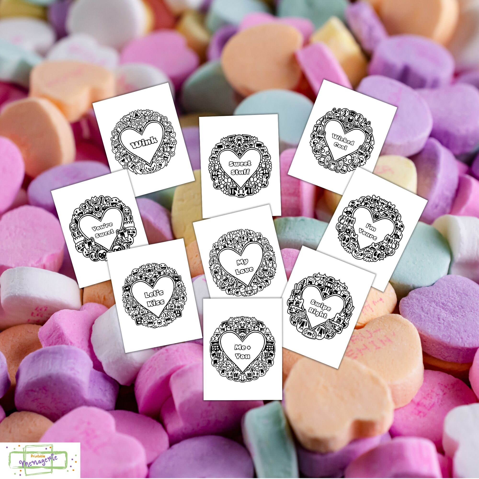 Candy Heart Valentine Doodles Coloring Pages Bundle for Adults - 55 ...