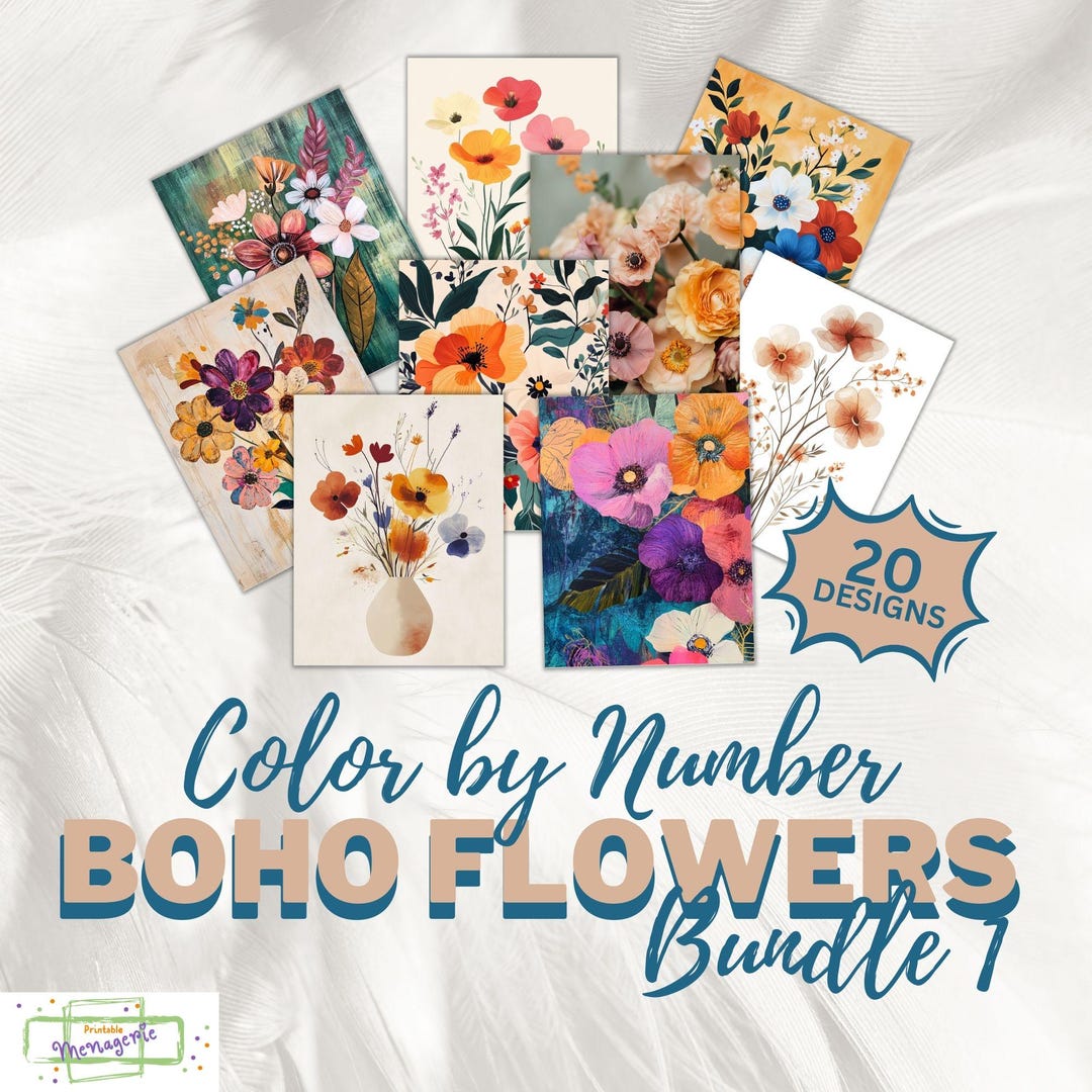 Color by Number Boho Floral Bundle 1 INSTANT DOWNLOAD Personal Use - Etsy