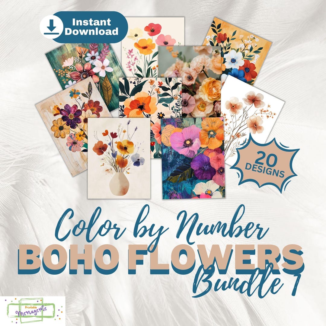 Color by Number Boho Flowers Bundle 1 - INSTANT DOWNLOAD - Personal Use ...