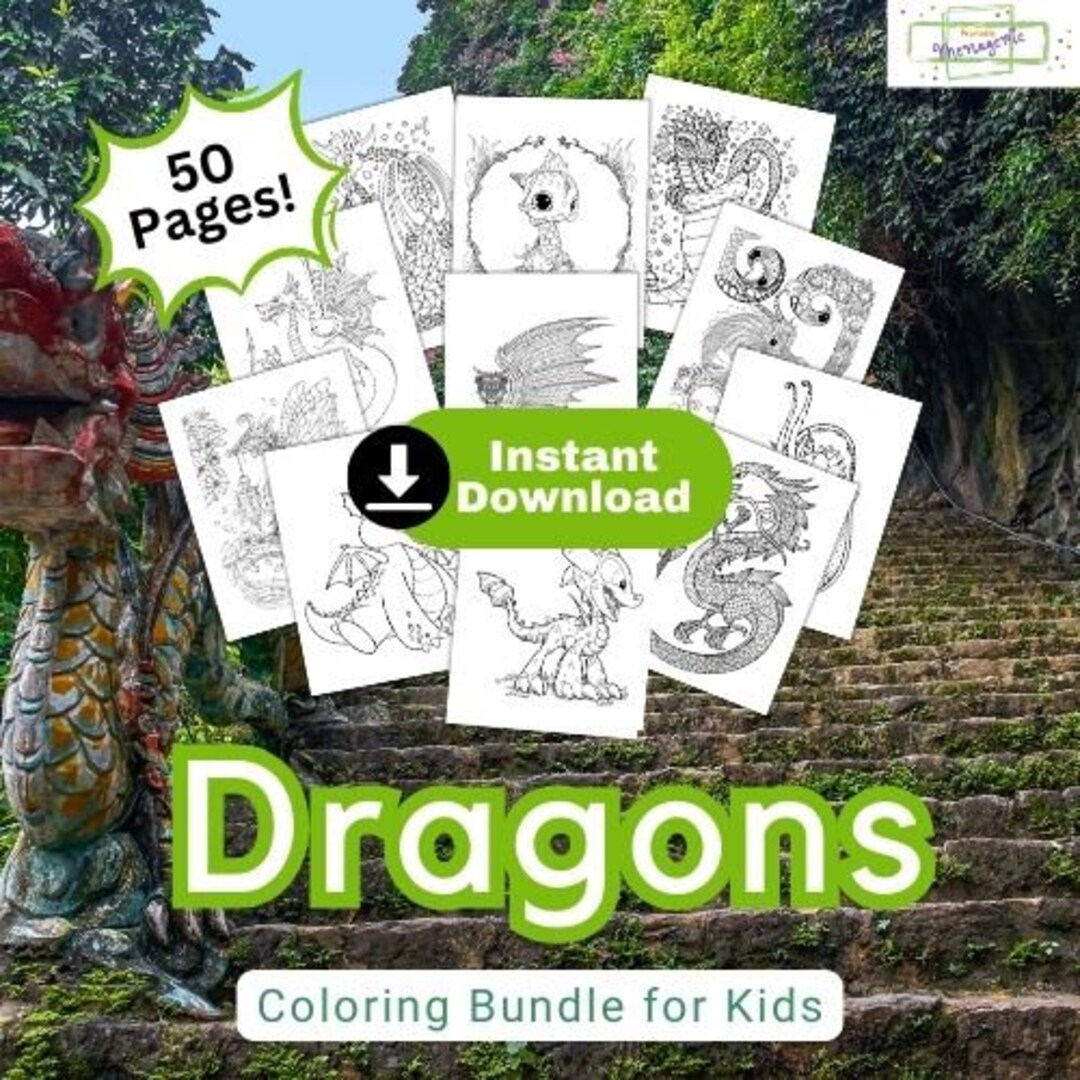 Dragons Coloring Bundle for Kids - 50 Illustrations - INSTANT DOWNLOAD ...