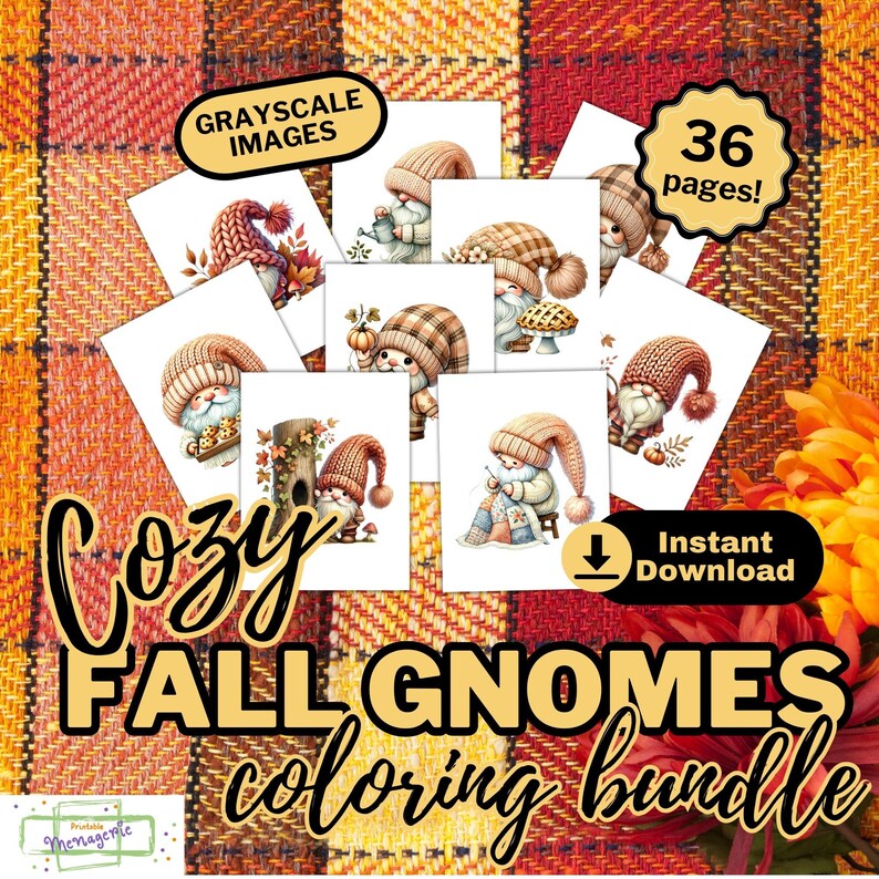 Cozy Fall Gnomes Coloring Bundle - Grayscale - INSTANT DOWNLOAD ...