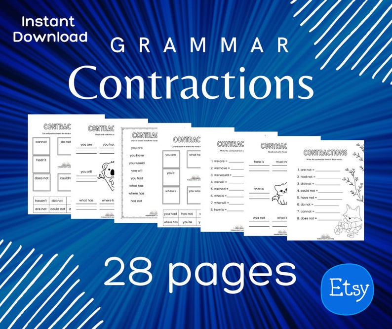 Grammar Worksheets: 28 Pages of Contractions Worksheets - Etsy