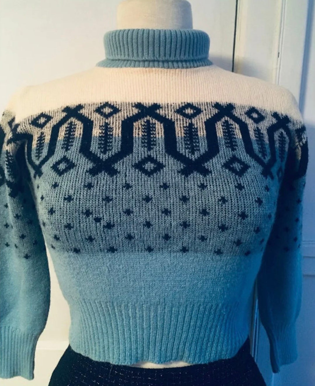 Vintage 1950 Pullover Knit Ski Sweater Blue 50's Wool Top Small XS ...