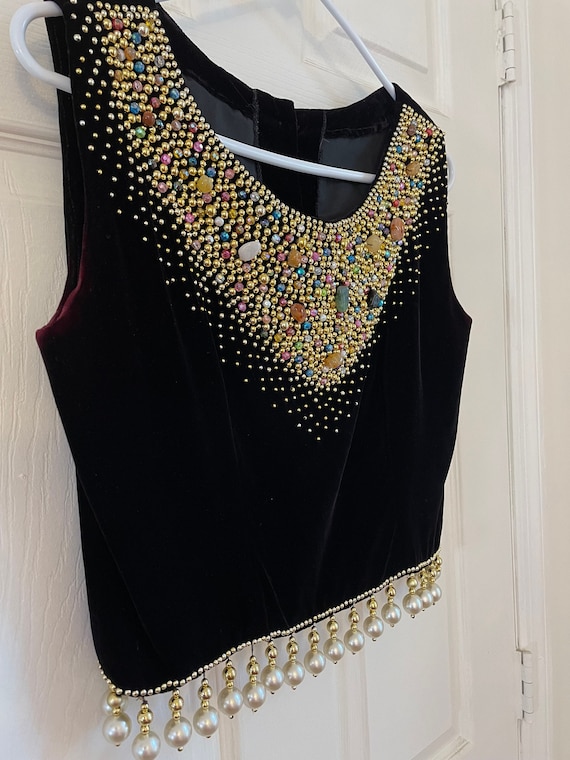 Vintage 60s Beaded Rhinestone Black Velvet Crop Top - Gem