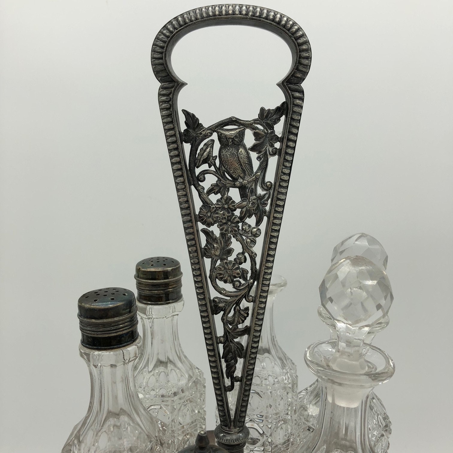 RARE LARGE Antique Condiment Cruet Set With Owl Accent by Simpson, Hall ...