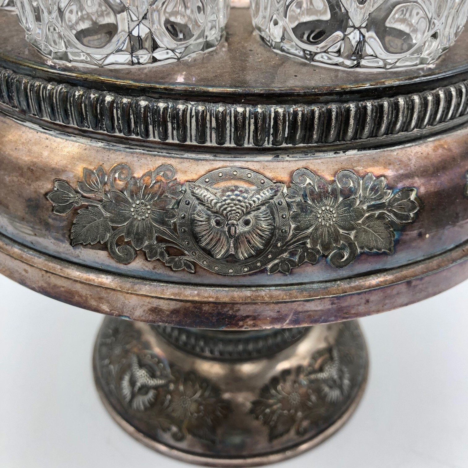 RARE LARGE Antique Condiment Cruet Set With Owl Accent by Simpson, Hall ...