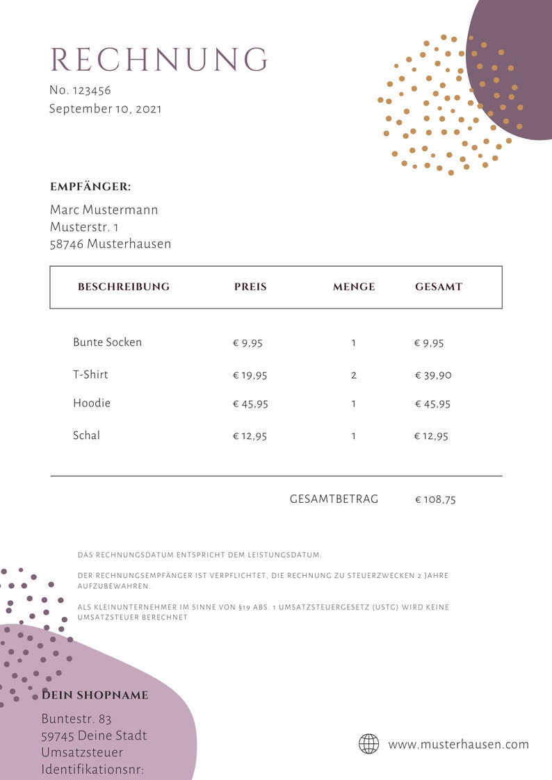 Rechnungsvorlage Kleinunternehmer Korrekte Rechnung Deutsch - Etsy