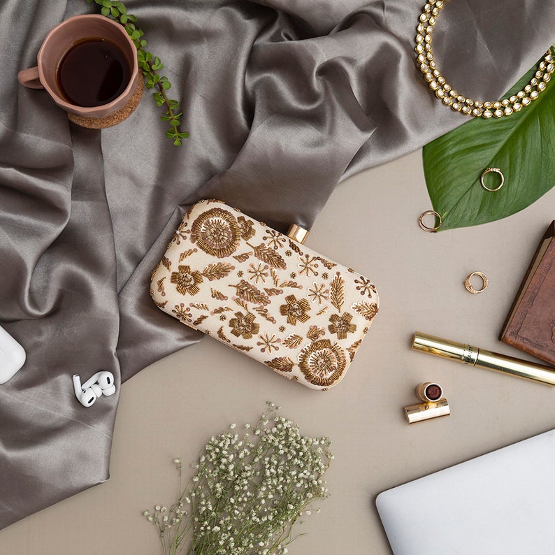 THE TAN CLAN Aabish Beige Hand Embroidered Clutch - Etsy