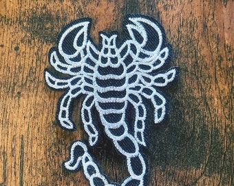 Scorpion Biker Patch Embroidered Iron / Sew on Jacket Jeans Black White ...