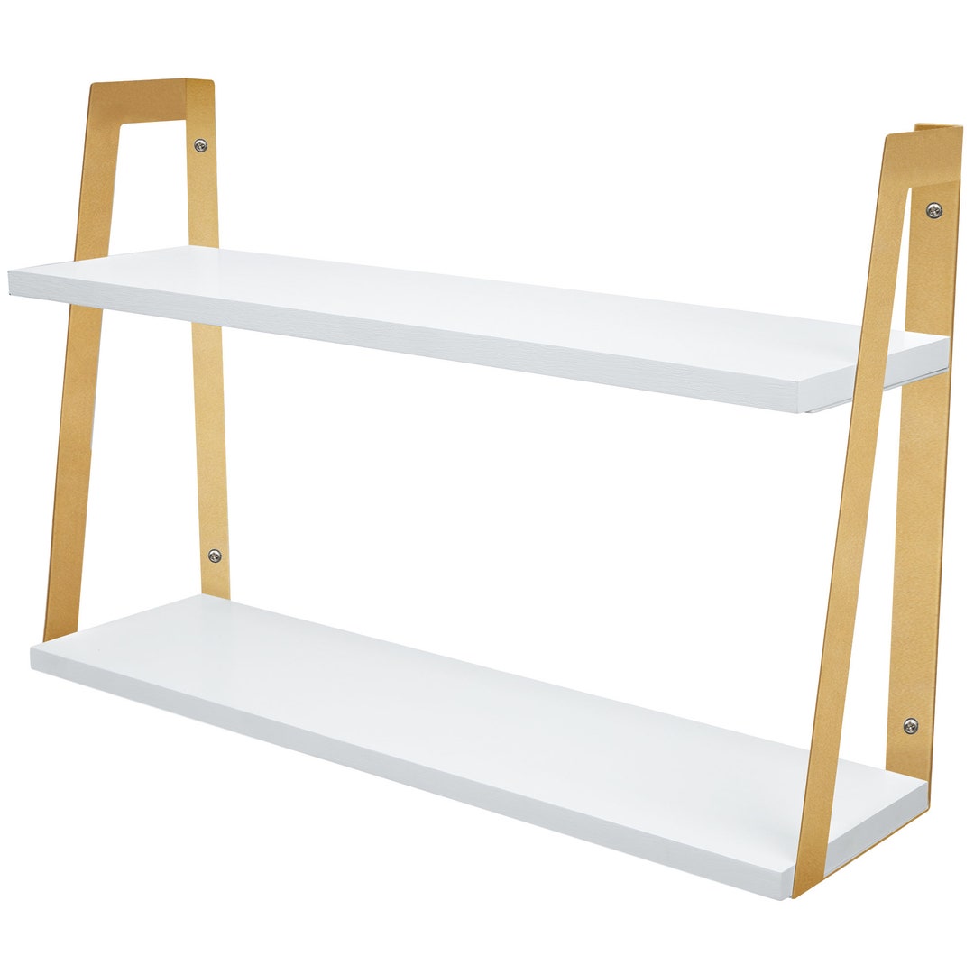 2-tier Modern Floating Wall Shelves, Brass Solid Wood and Metal ...