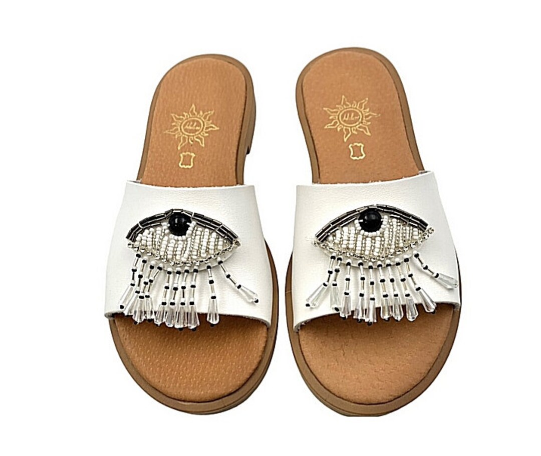 White Evil Eye Sandals Leather Evil Eye Slippers Evil Eye Slip-on Soft ...