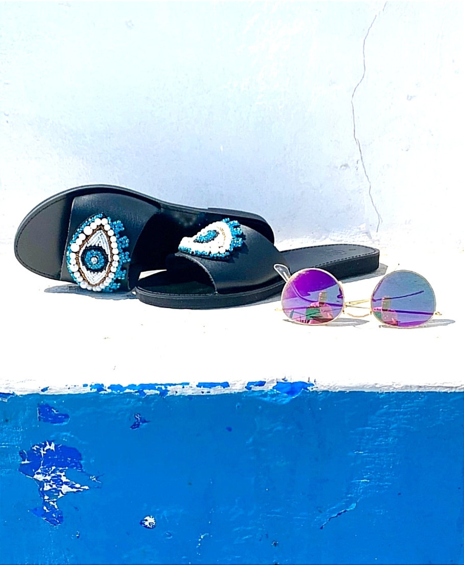 Black Evil Eye Sandals Leather Evil Eye Slippers Evil Eye Slip-on ...