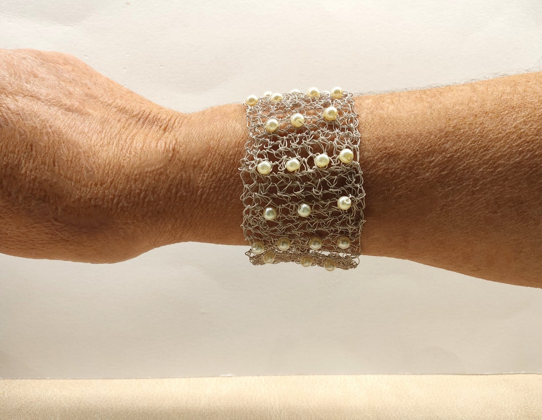 Crochet Pearl Cuff Wide Mesh Cuff, Adjustable Wire Cuff, Wire Bracelet ...