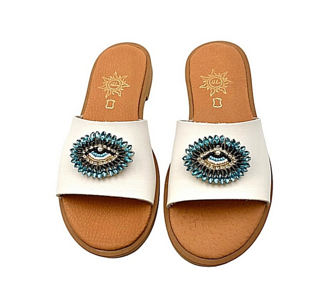 White Evil Eye Sandals Leather Evil Eye Slippers Evil Eye Slip-on Soft ...