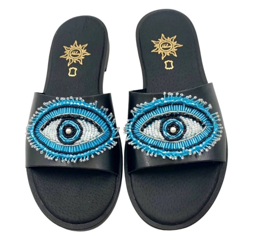 Black Evil Eye Sandals Leather Evil Eye Slippers Evil Eye - Etsy
